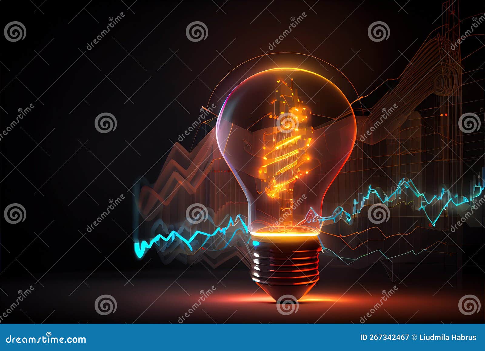 Abstraction a Lit Light Bulb and a Graph of Stock Indices. Symbol of ...