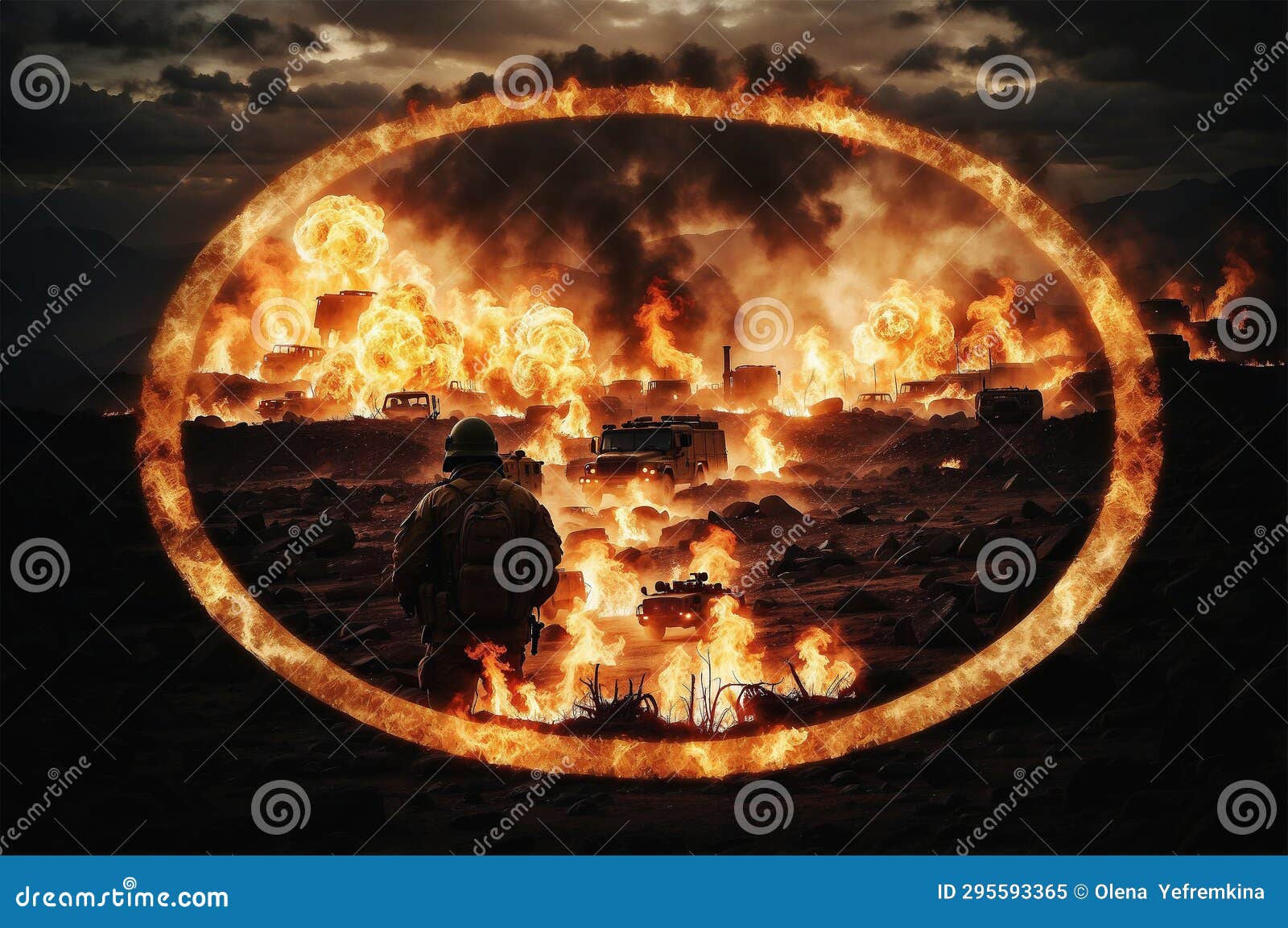 Abstraction, Warning Sign Radiation from Fire and Ruins. Stock ...