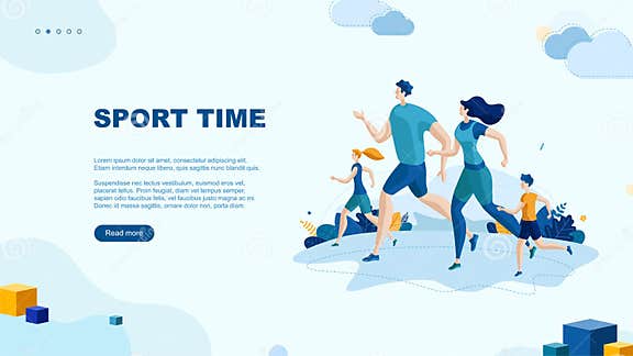 Sport Time Page Concept. Running Man, Woman and Children. Happy Family ...