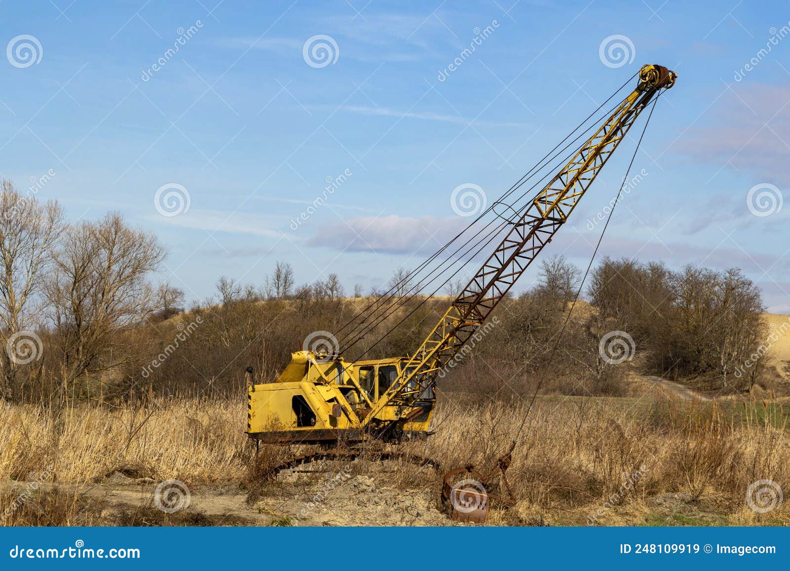 Abundant Old, Rusty Mobile Crane Left on Field. Stock Image - Image of ...