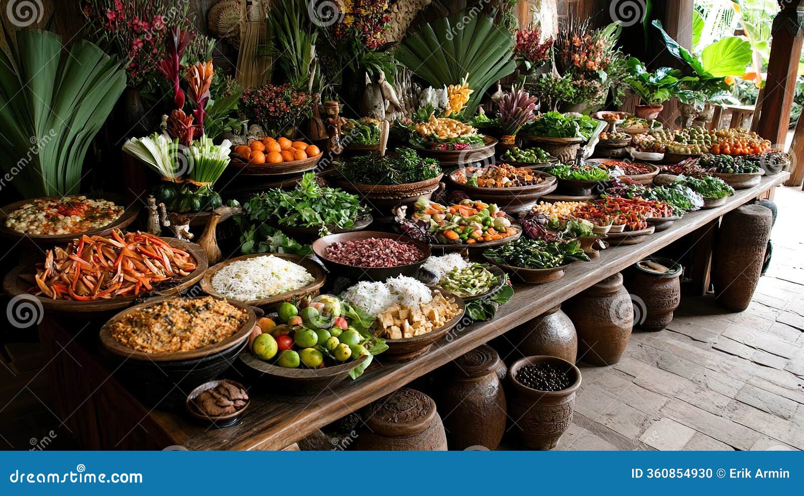 Abundant Tropical Buffet Feast, Rustic Setting, Jungle Backdrop ...
