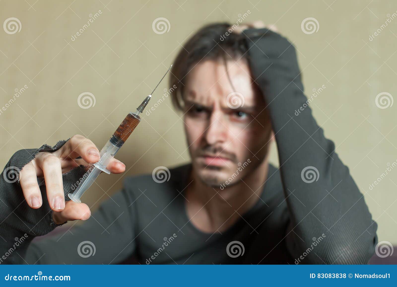 Abuse Addict Man with Syringe in Hand. Stock Photo - Image of injection ...
