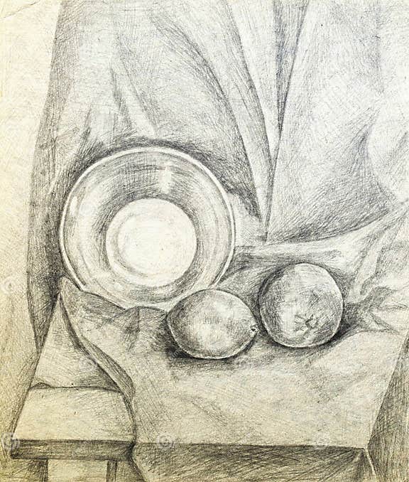Academic Drawing of a Fruit and a Plate Stock Illustration ...