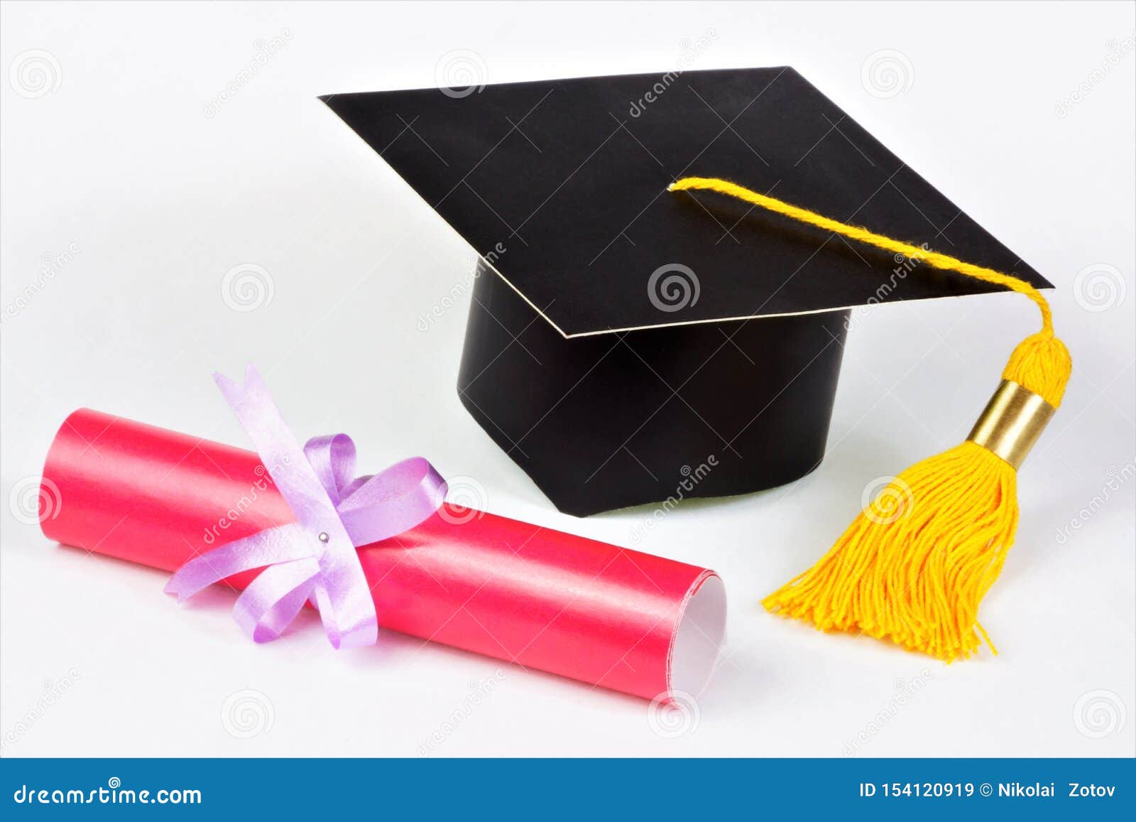 Academic Graduation Cap Student And A Scroll Diploma. Red Document Of ...