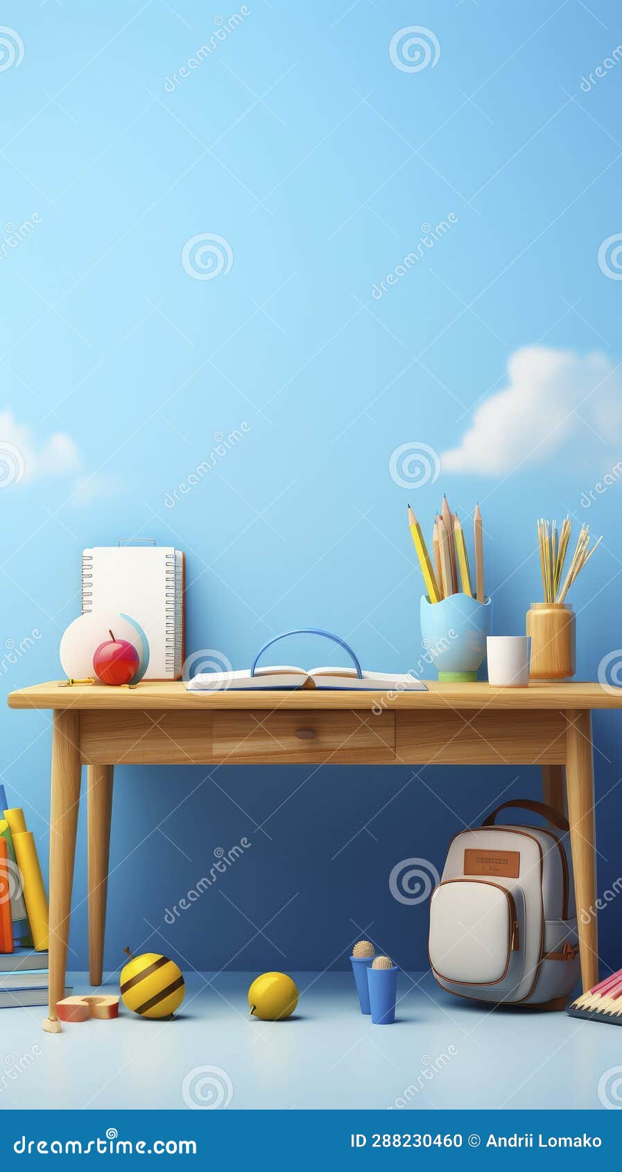 Academic Setup: Exploring a School Desk with Accessories on a Blue ...
