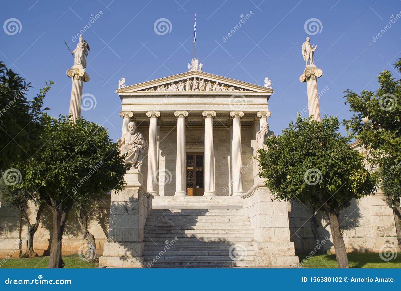 The Academy of Athens, Greece Stock Photo - Image of flag, monument ...