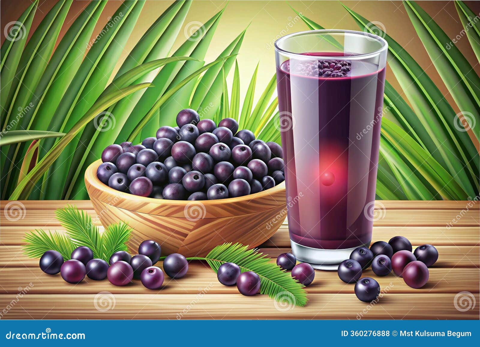 Set Of Illustrations With Acai Exotic Fruits, Flowers And Leaves ...