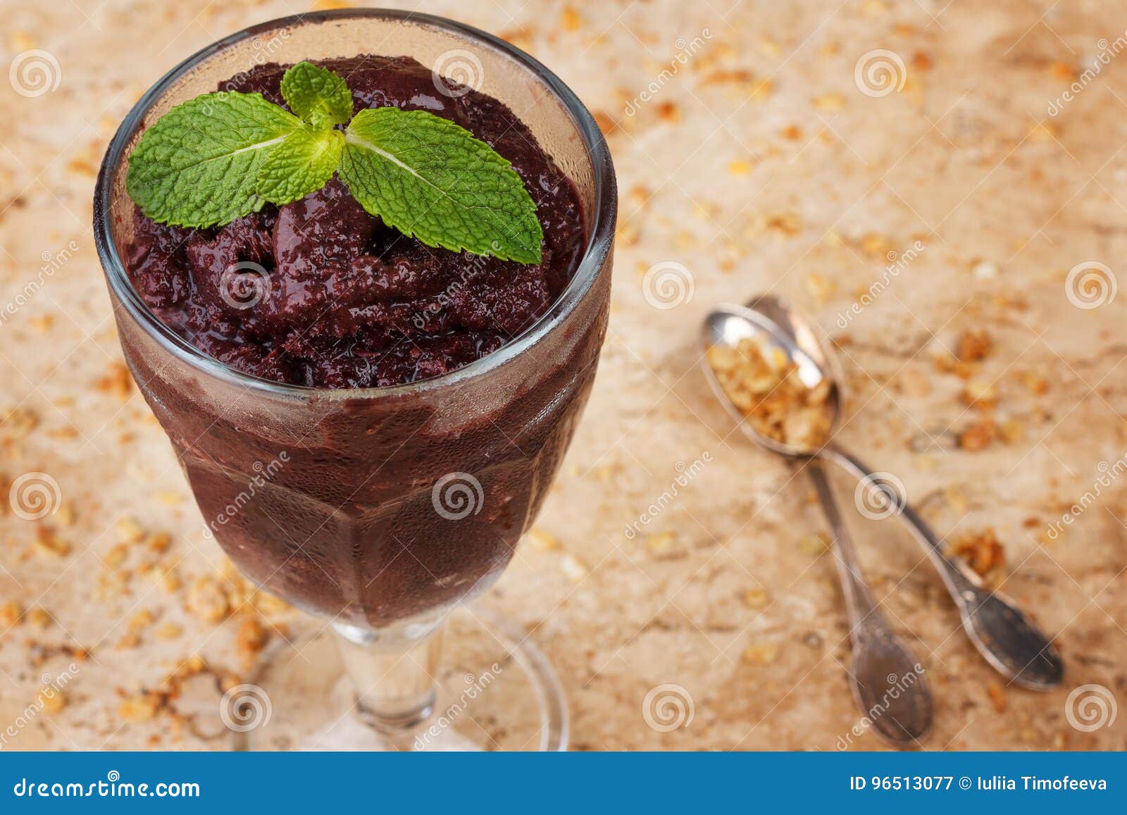 Acai Pulp in Glass with Fresh Mint and Muesli Stock Image - Image of ...