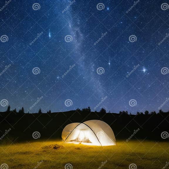 Camping Tent in Open Field. Camp Overnight. Camping Tent with Light on ...