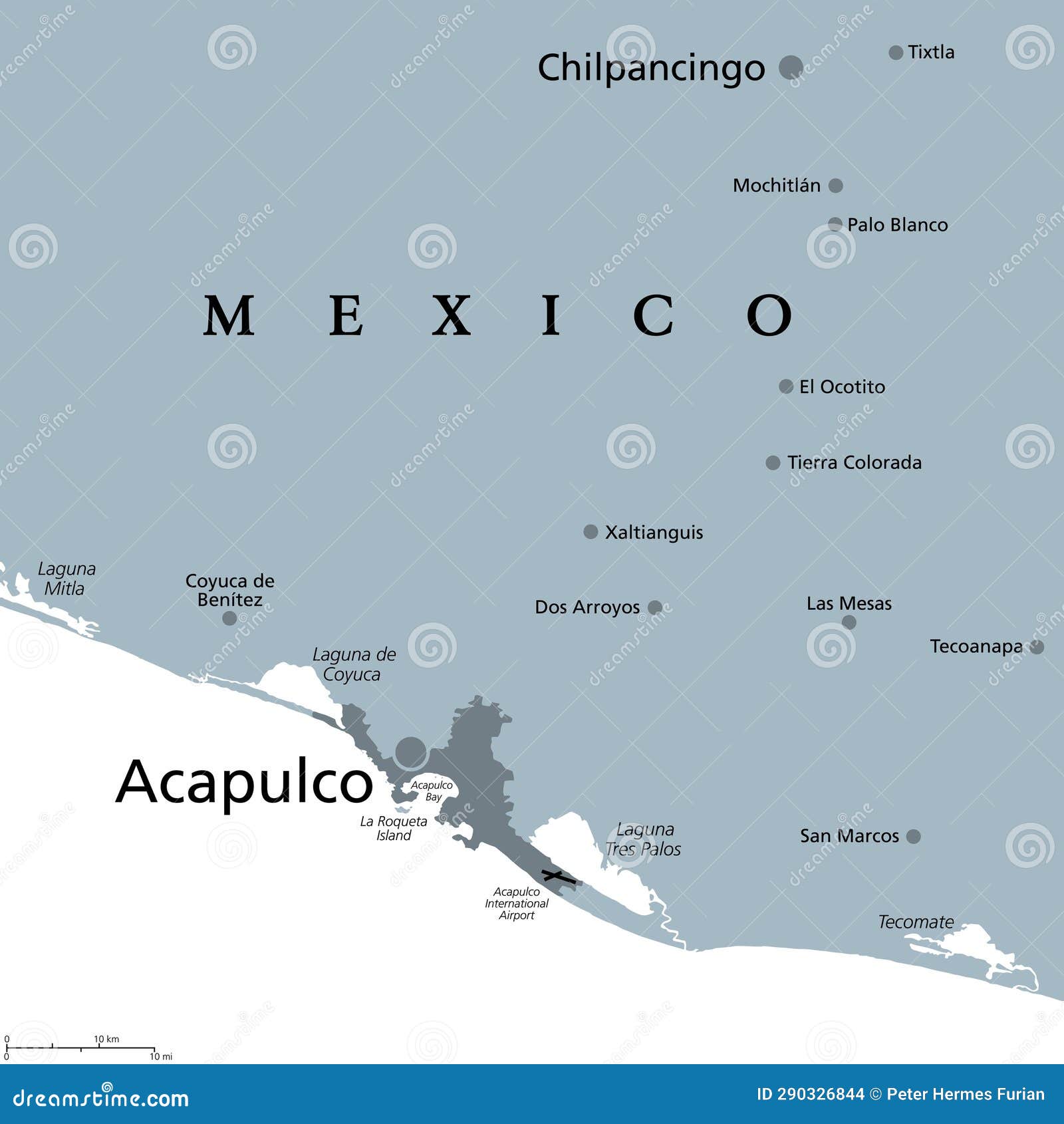 Acapulco and Surroundings, Port of Call in Mexico, Gray Political Map ...
