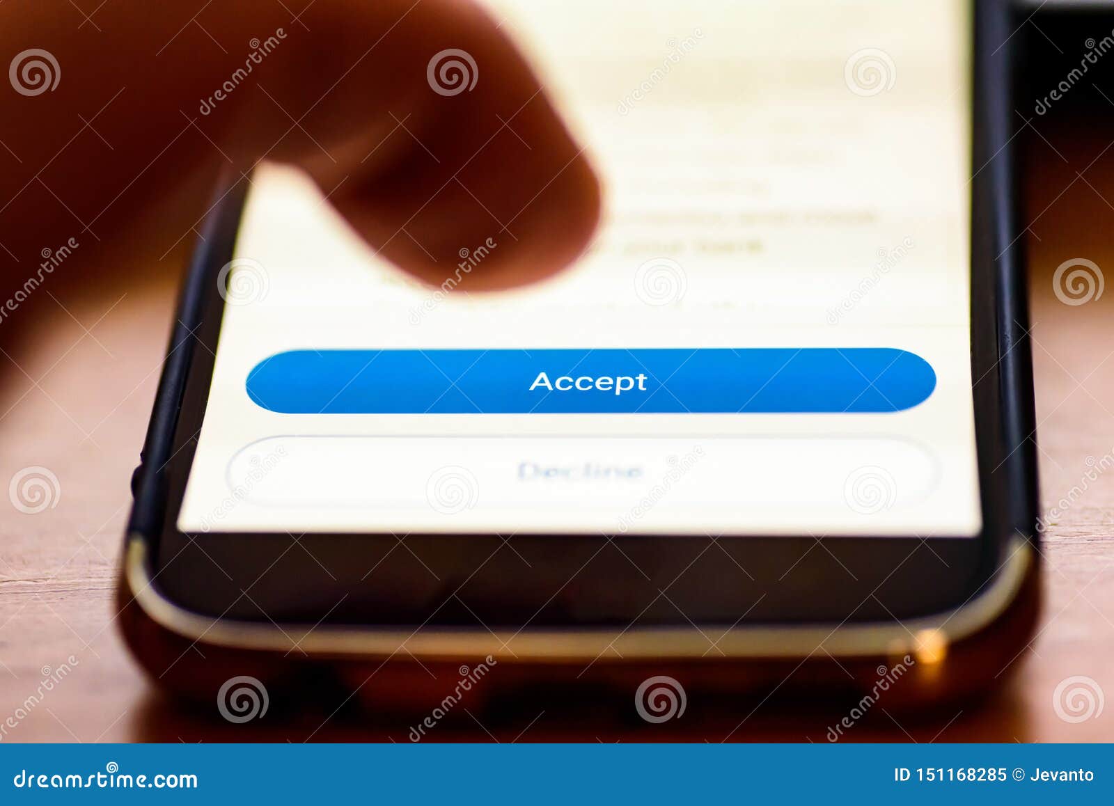 Accept Button on Smartphone Screen Closeup with Human Finger Pointing ...