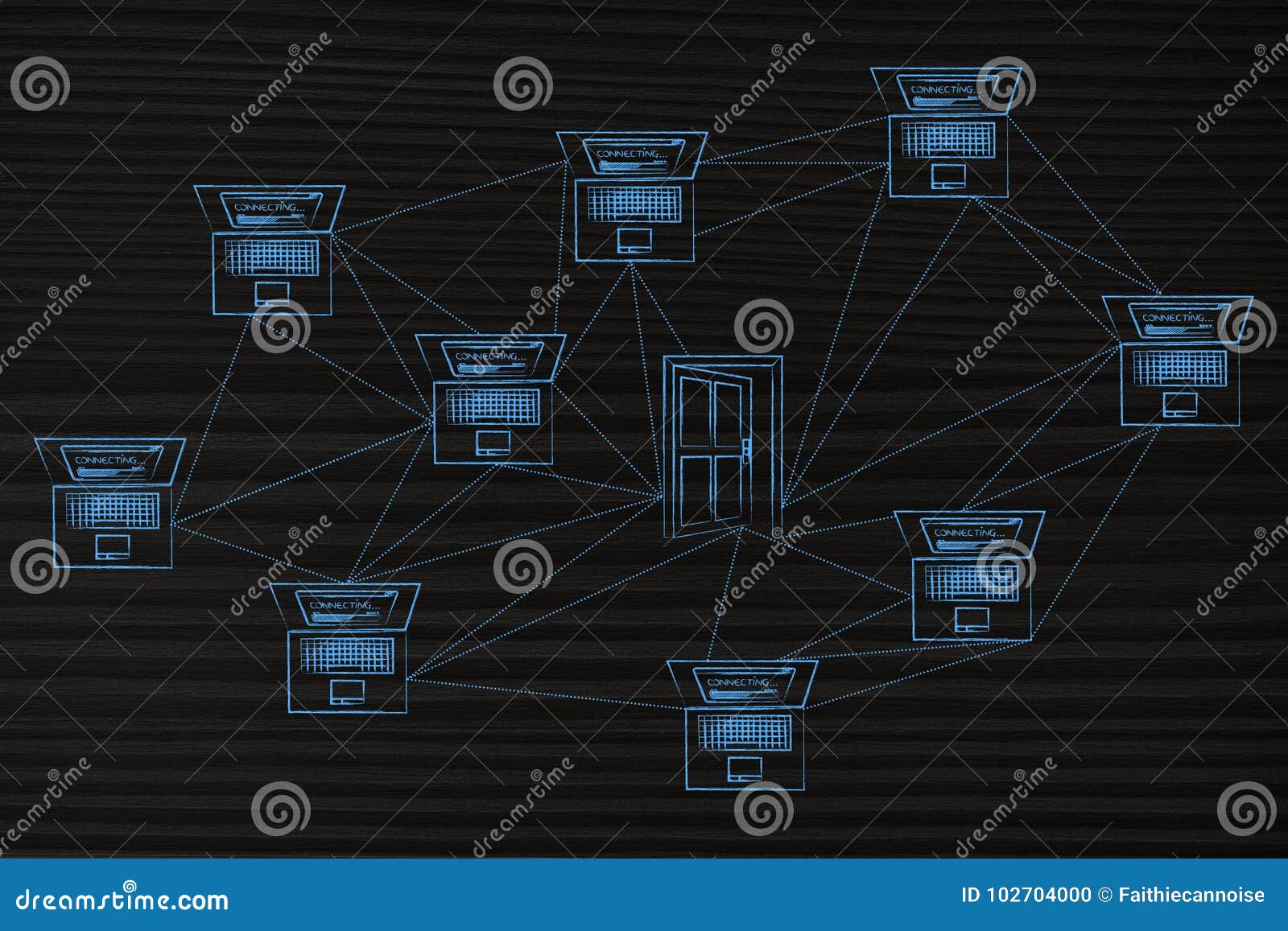 Laptops Linked with Each Other by Dashed Lines and Open Door in Stock ...