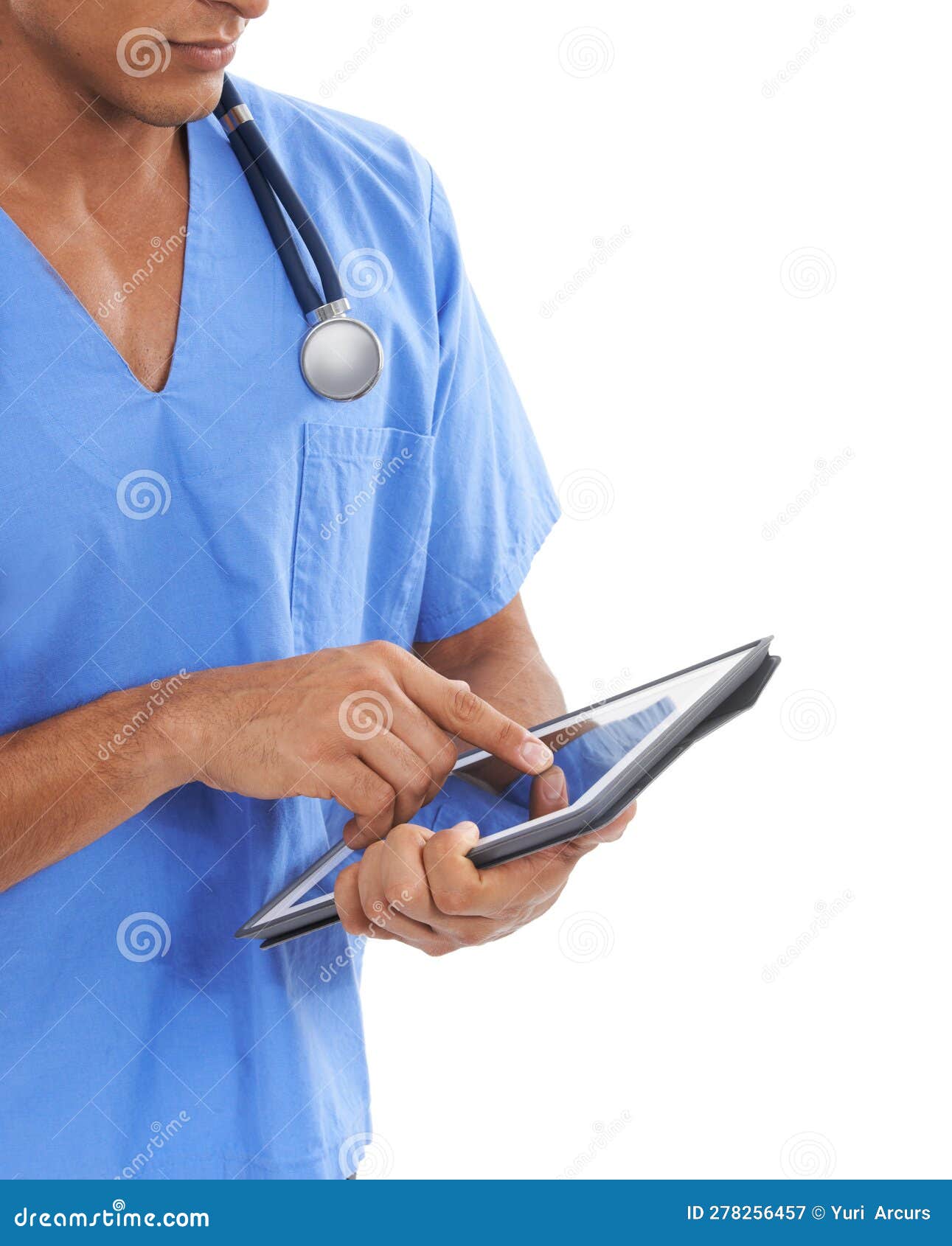 Accessing His Patients Records. a Young Doctor Using an Ipad Against a ...