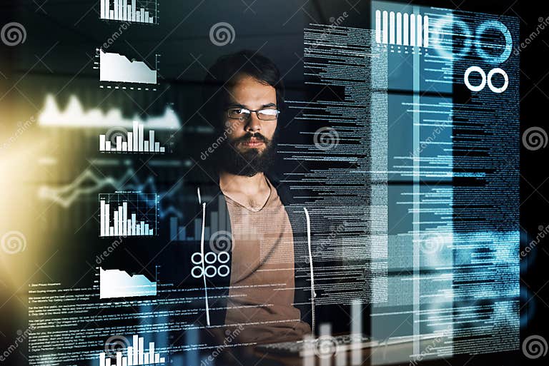 Accessing Important Information. a Young Computer Programmer Working on Source Code. Stock Image ...