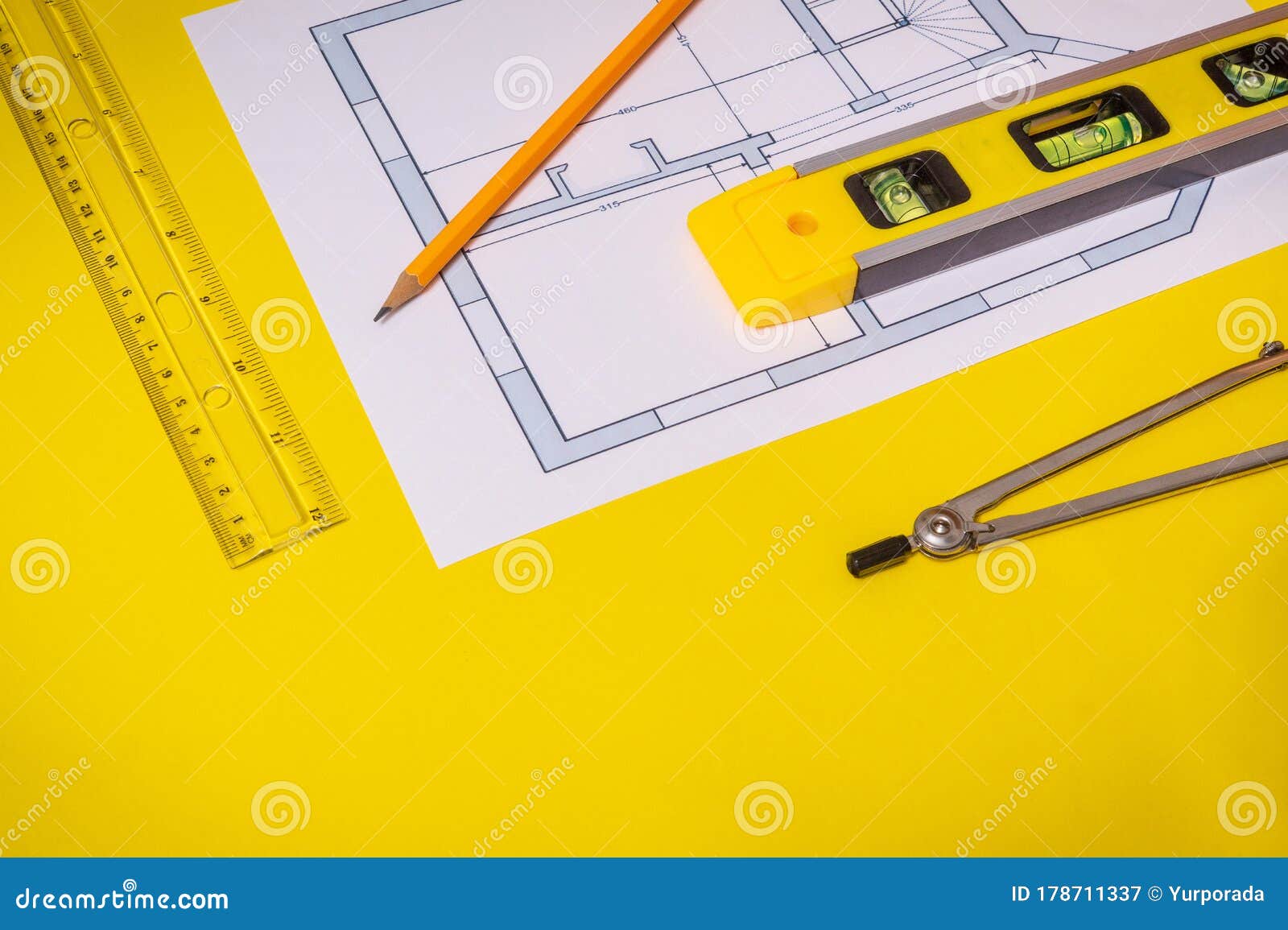 Accessories and Drawing Tools Lie on Building Project or on the Yellow ...