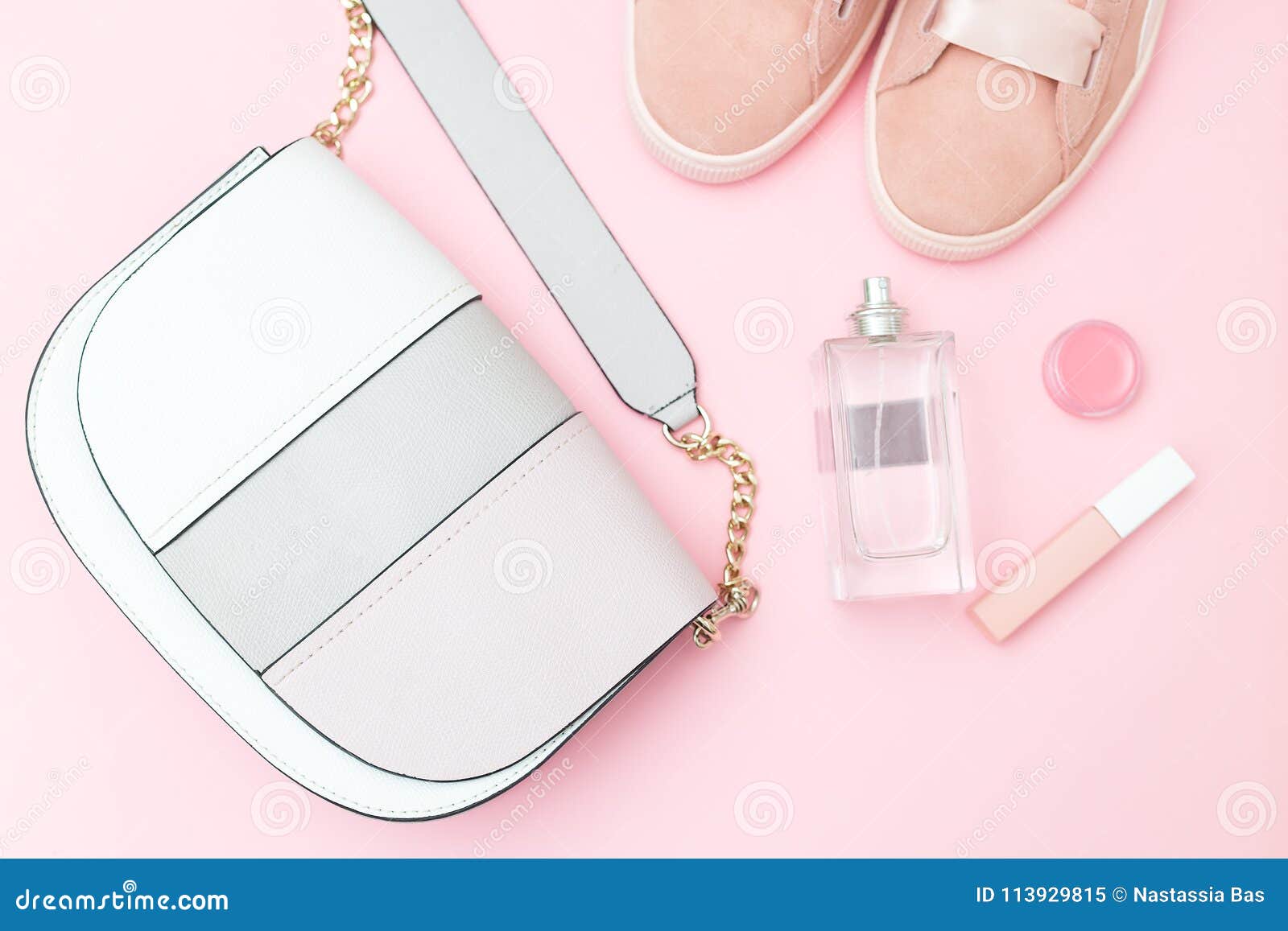 Accessories and Perfumes of Pink Color on a Pink Background. Fla Stock ...