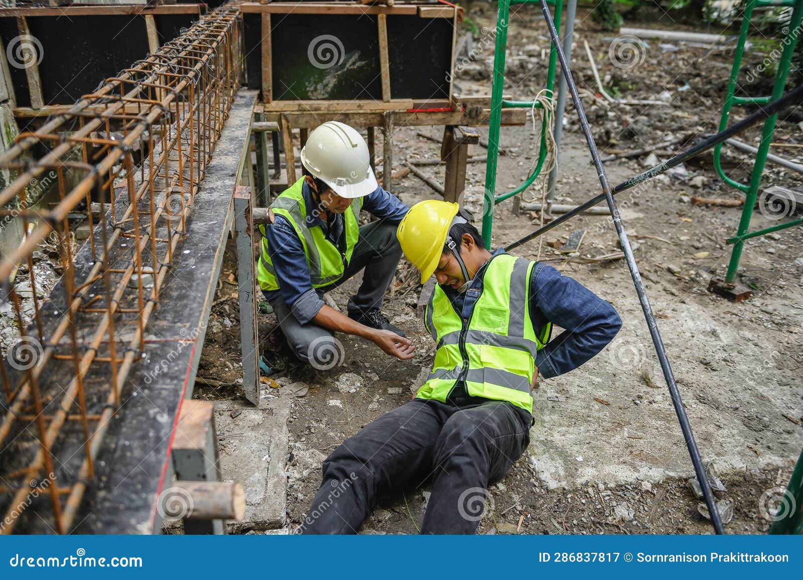 Accident of Builder Worker in Work at Construction Site. Accident Falls ...