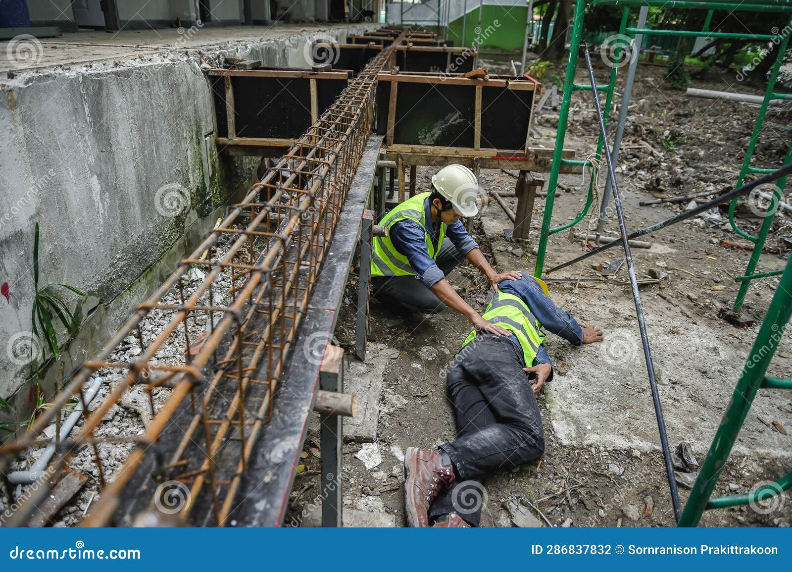 Accident of Builder Worker in Work at Construction Site. Accident Falls ...
