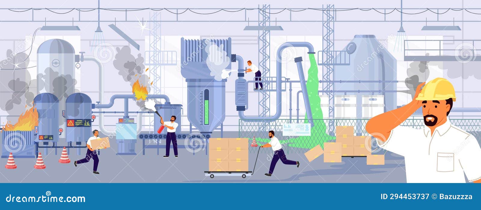 Accident on Plant Vector Illustration with Shocked Engineer Face Stock ...