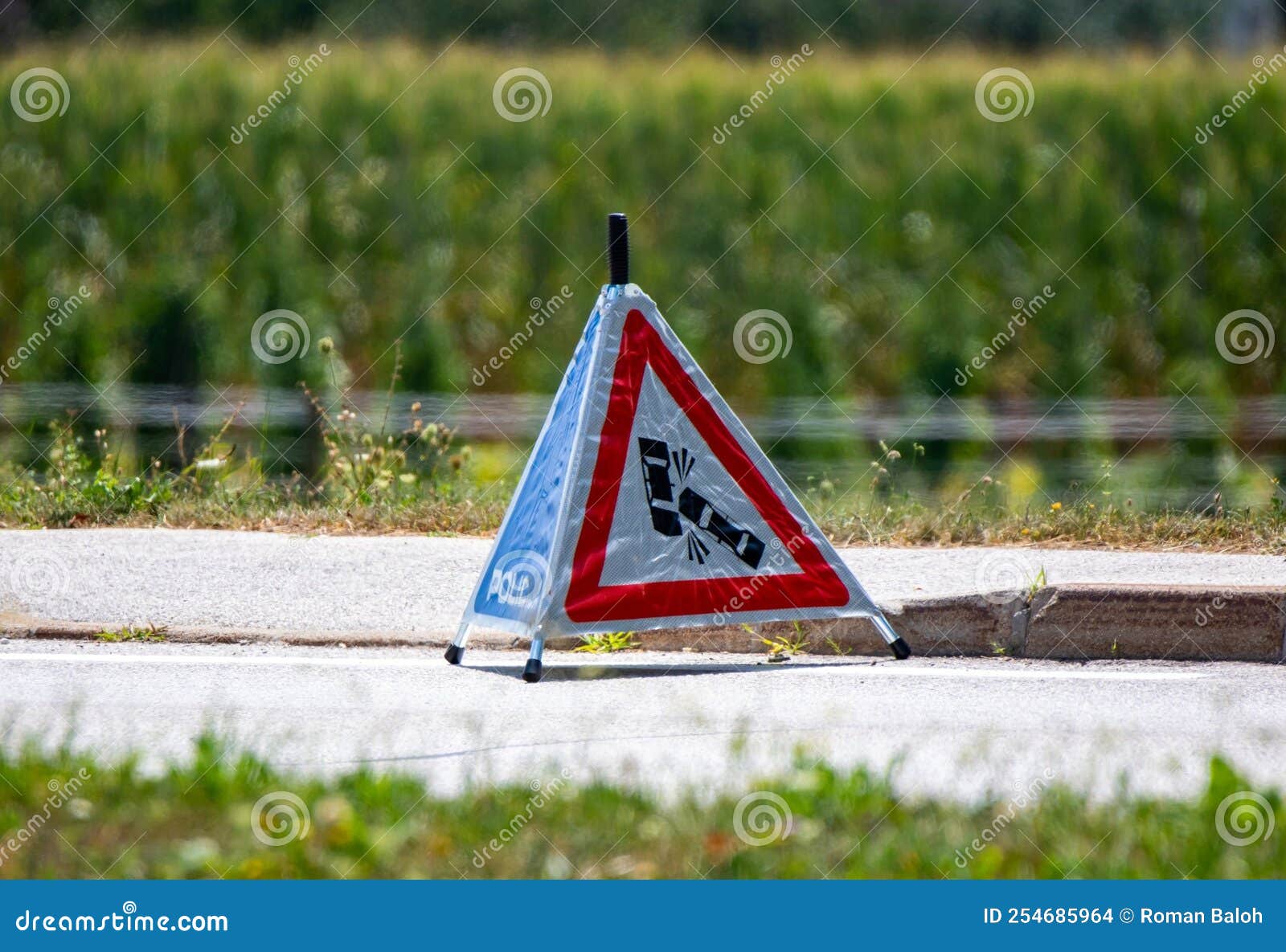 Accident sign on the road stock photo. Image of wind - 254685964