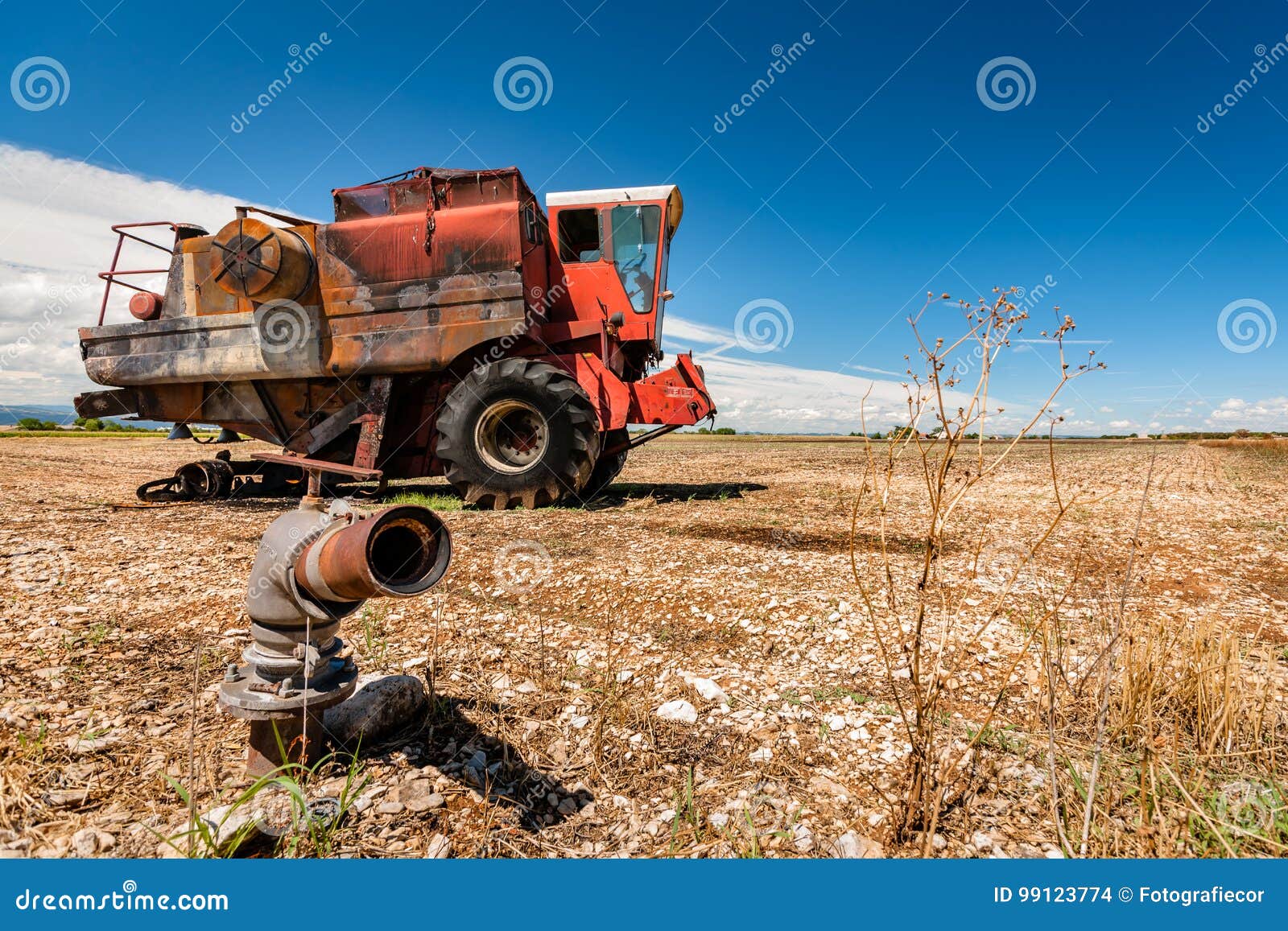 Accidental and Burned Tractor for Grain Processing Stock Photo - Image ...