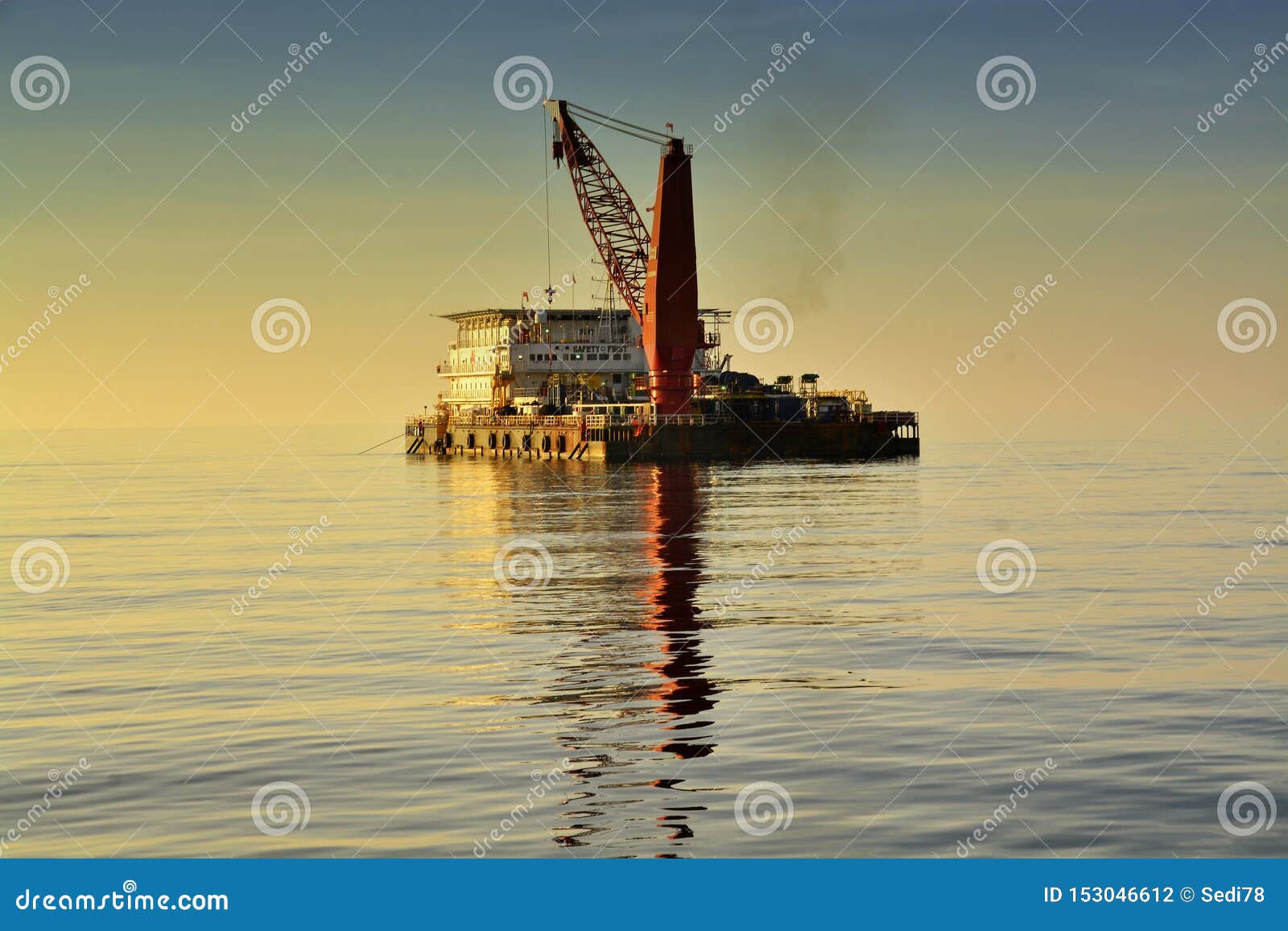 Accommodation Work Barge Anchorage at Sea with Beautiful Sunset Stock ...