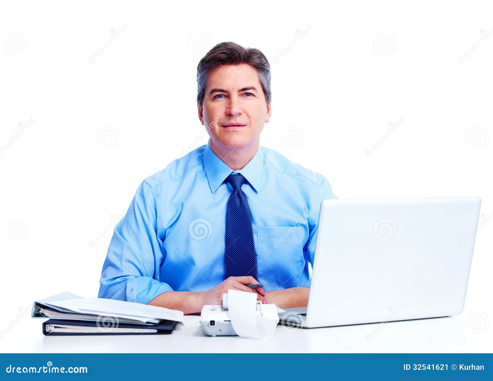 Accountant Businessman At His Desk In The Office Shows A Finger On A ...