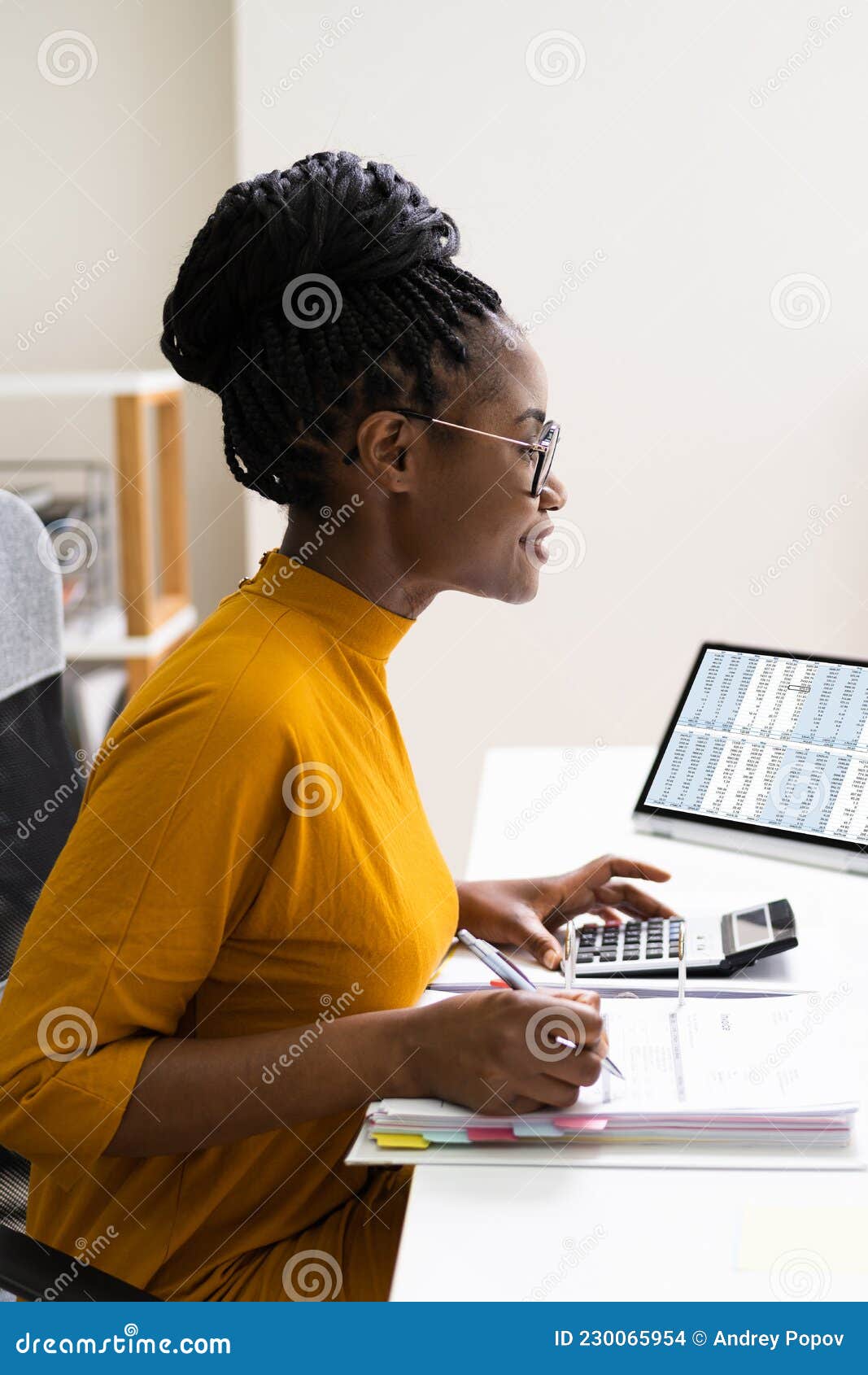 Accountant Lady in Office Using Calculator Stock Photo - Image of black ...