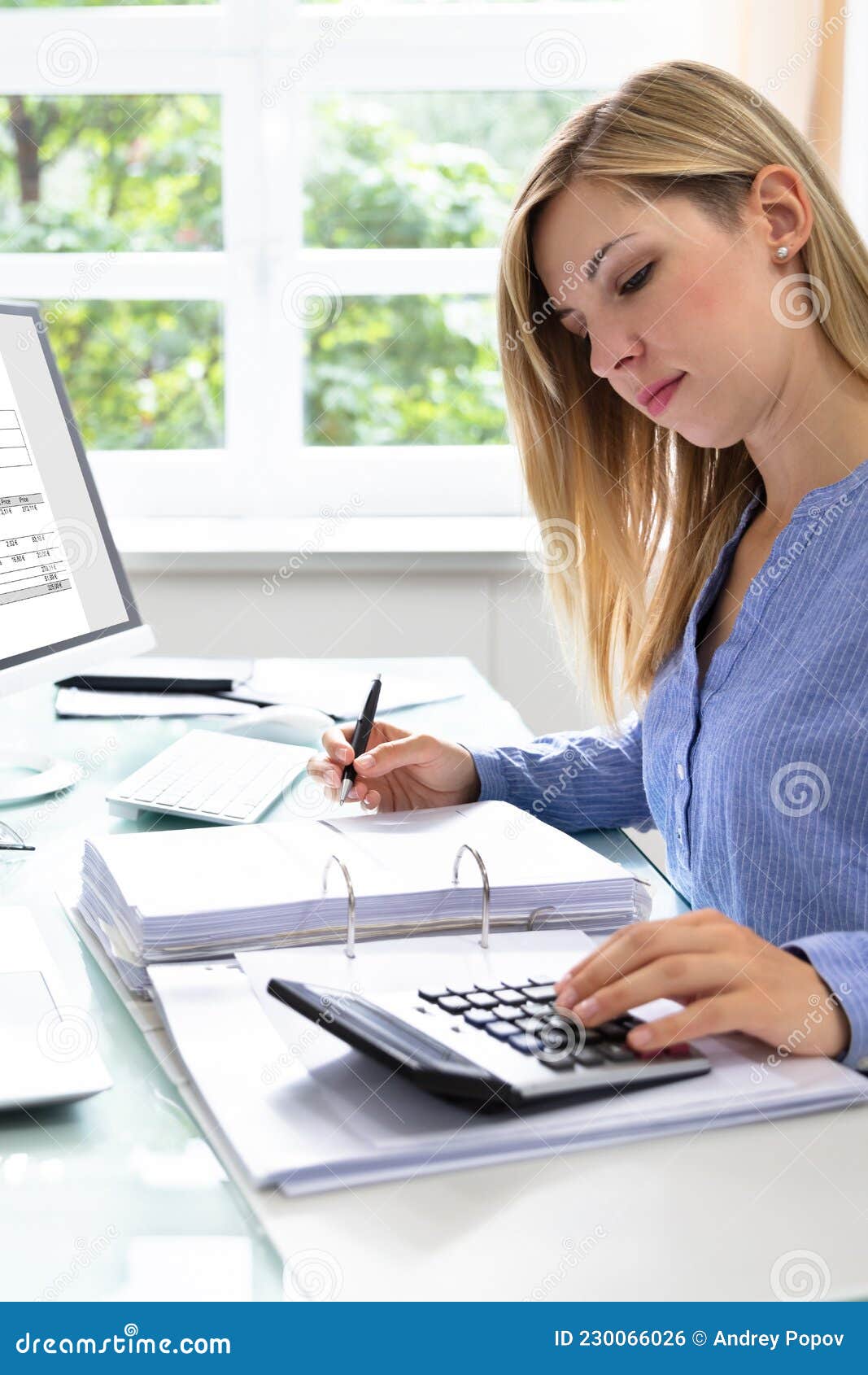 Accountant Lady in Office Using Calculator Stock Photo - Image of fall ...