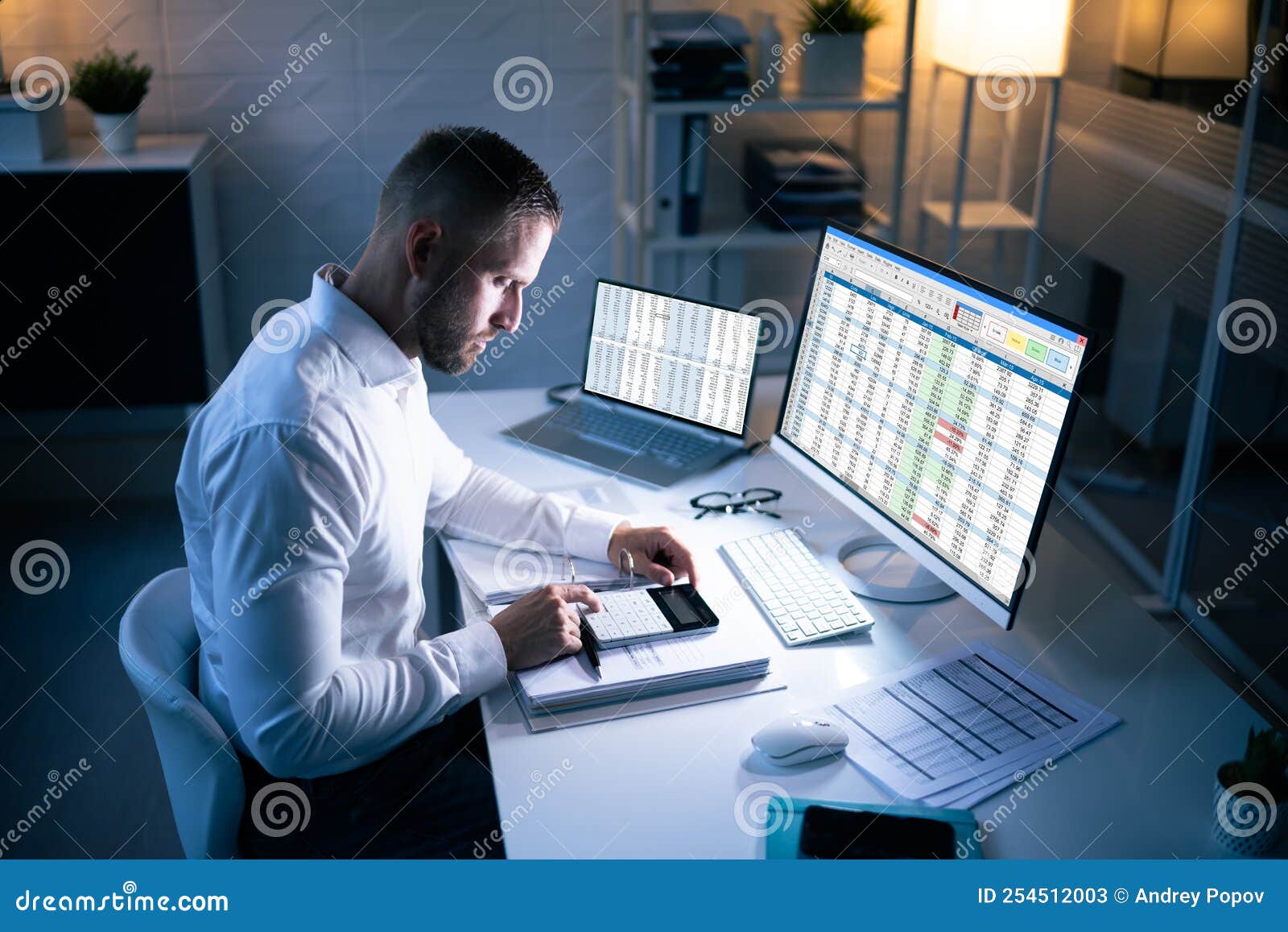 Accountant Man in Office at Night Stock Image - Image of manager ...