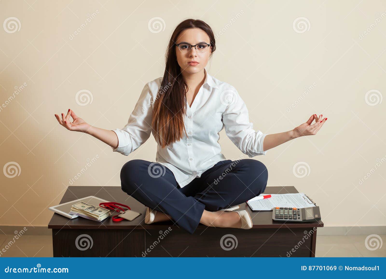 Accountant Sitting in Yoga Pose on the Table Stock Image - Image of ...