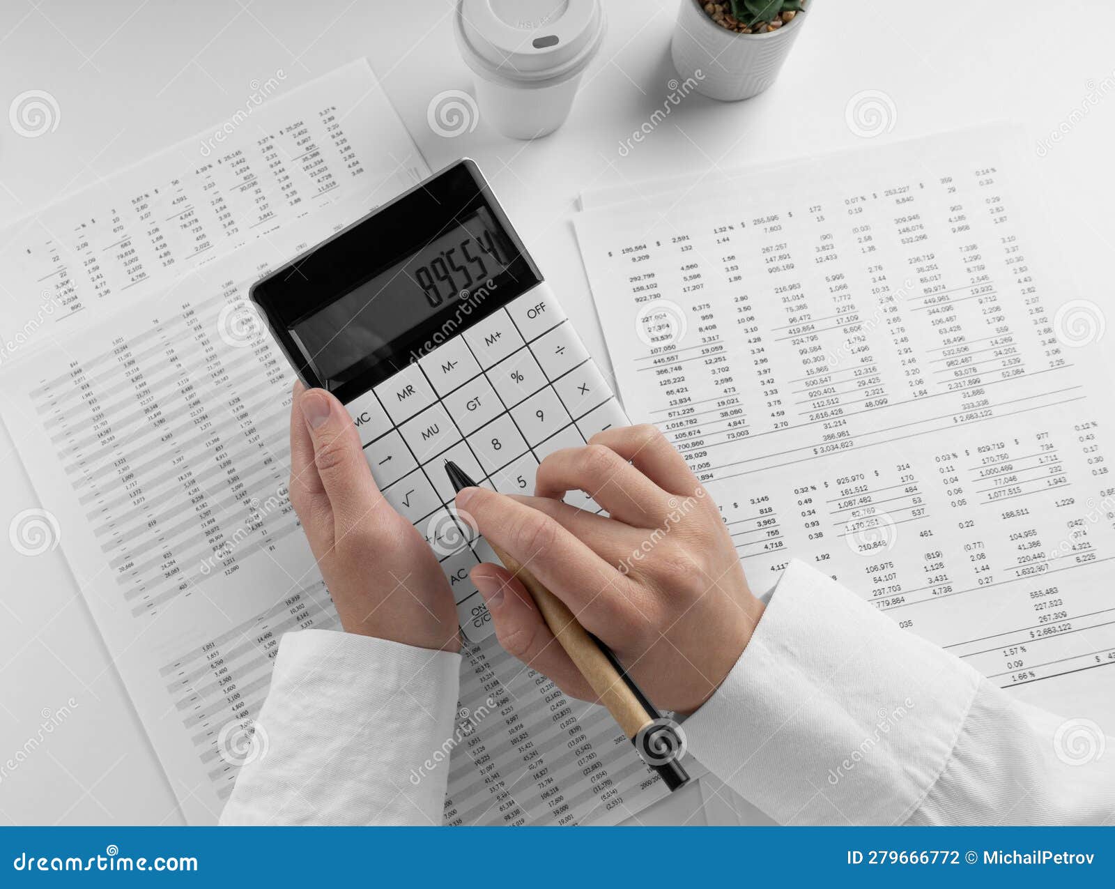 Accountant Using Calculator on Desk Office on White Background with ...