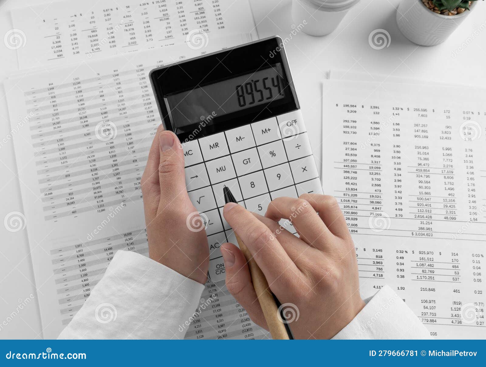 Accountant Using Calculator on Desk Office on White Background with ...