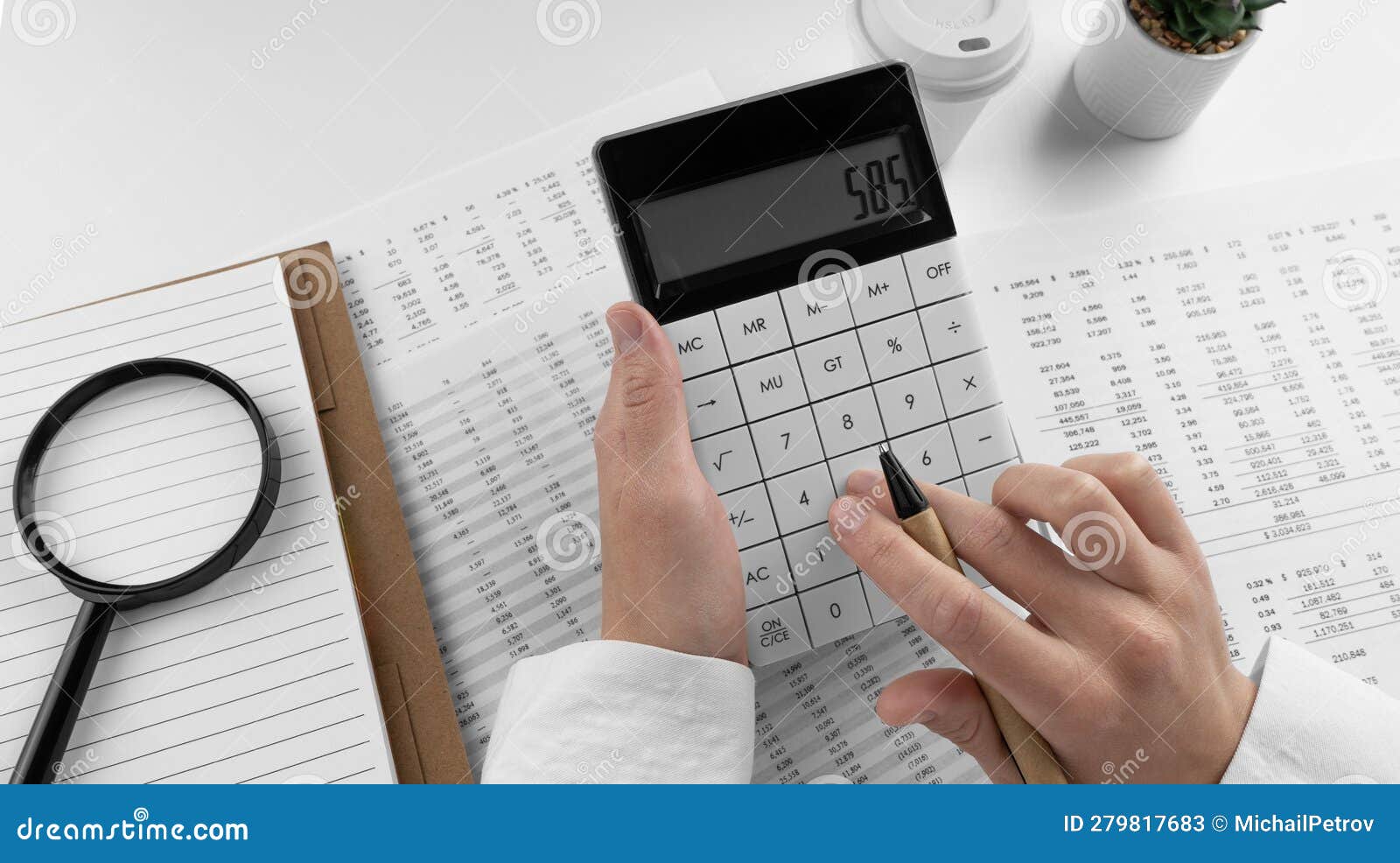 Accountant Using Calculator on Desk Office on White Background with ...