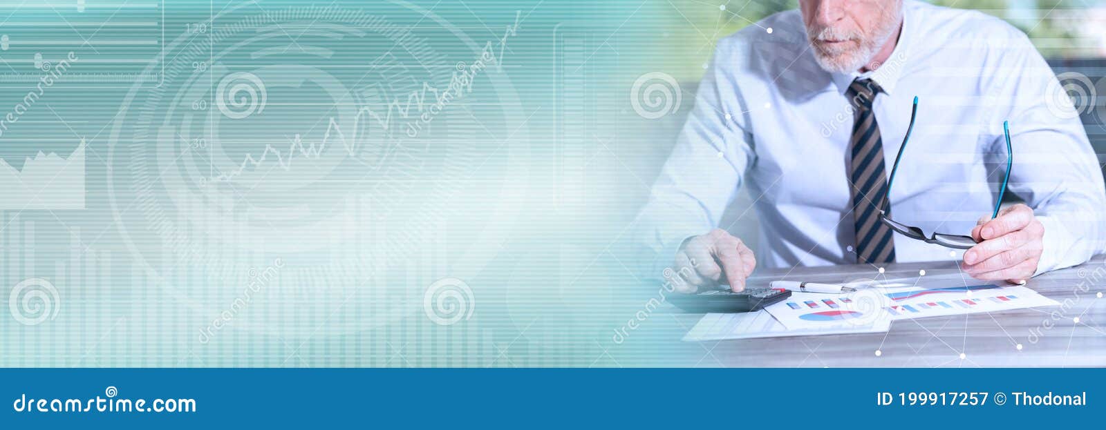 Accountant Working on Financial Documents, Light Effect; Panoramic ...