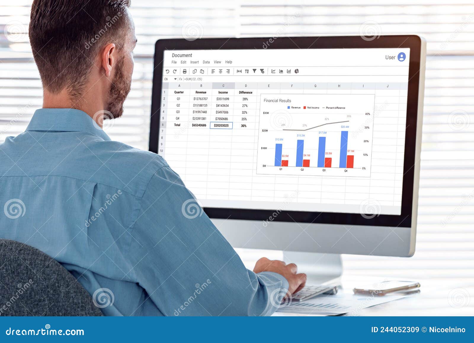 Accountant Working on Financial Report and Charts with Spreadsheet Software on Computer at ...