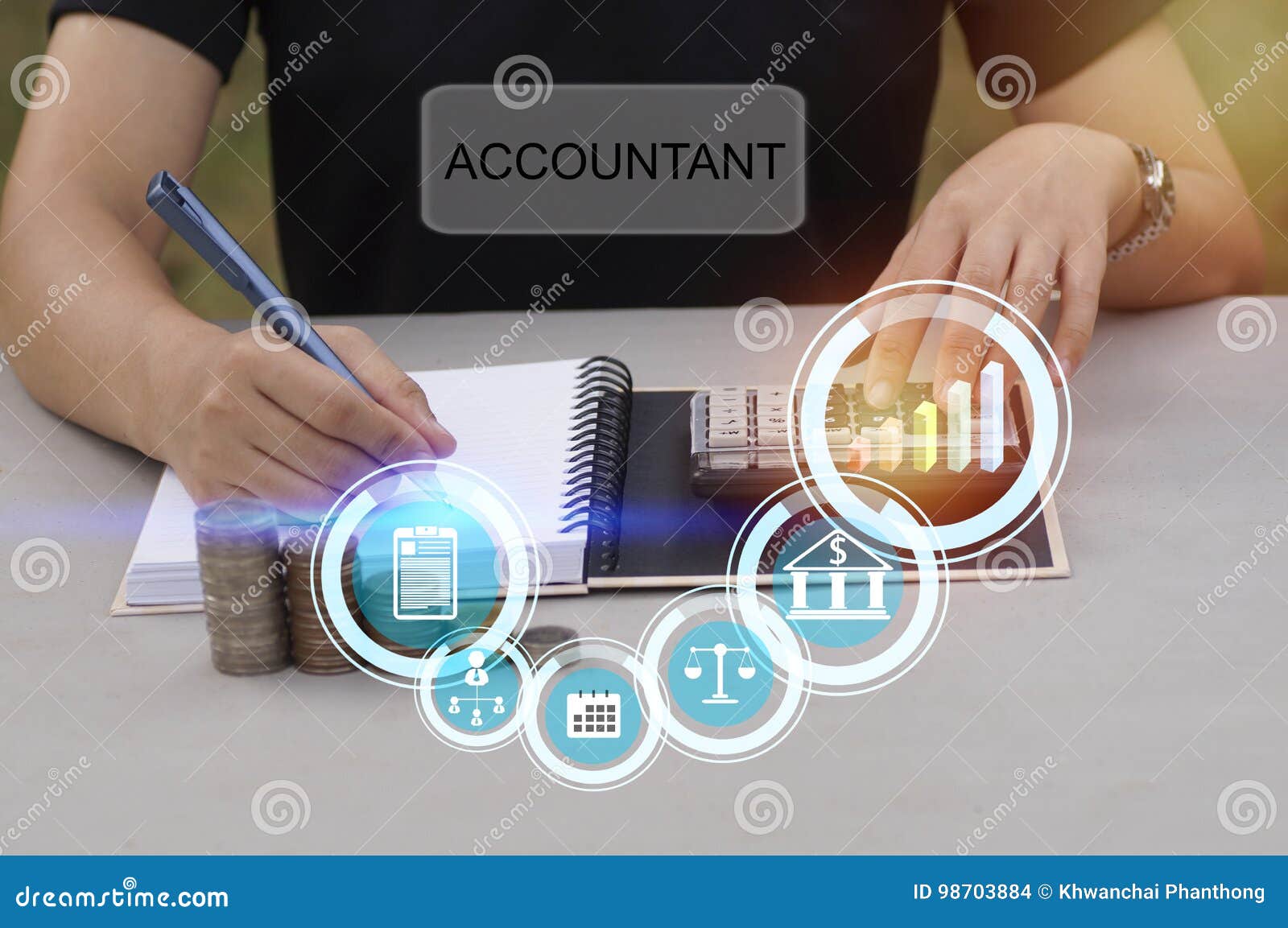 Accountant Writing with Pile of Coins Stock Photo - Image of paperwork ...