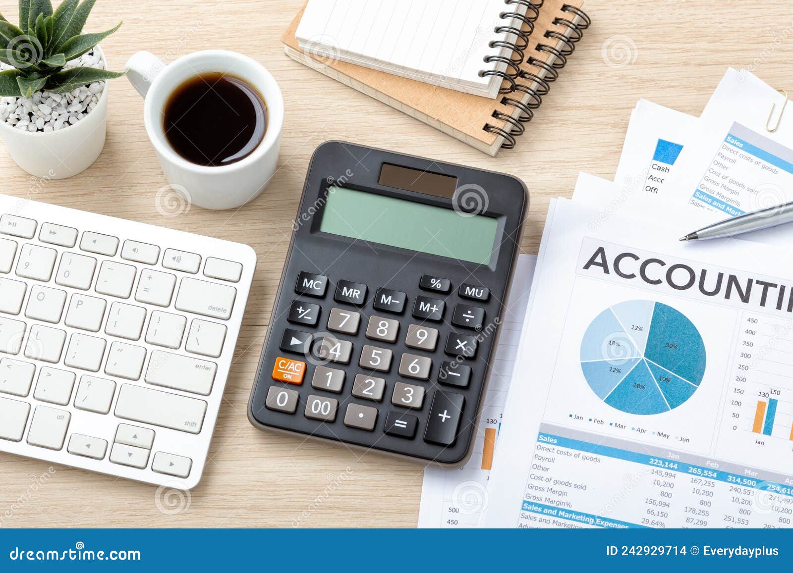 Accounting Concept with Calculator and Accounting Data Chart on Wood ...