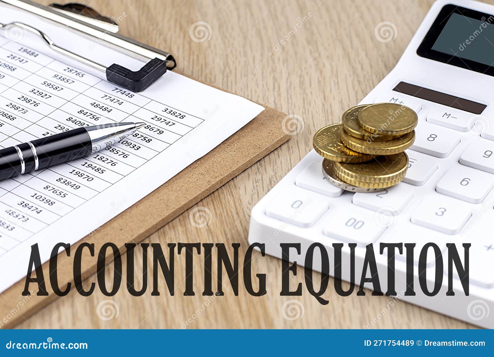 ACCOUNTING EQUATION Text with Chart and Calculator and Coins , Business ...