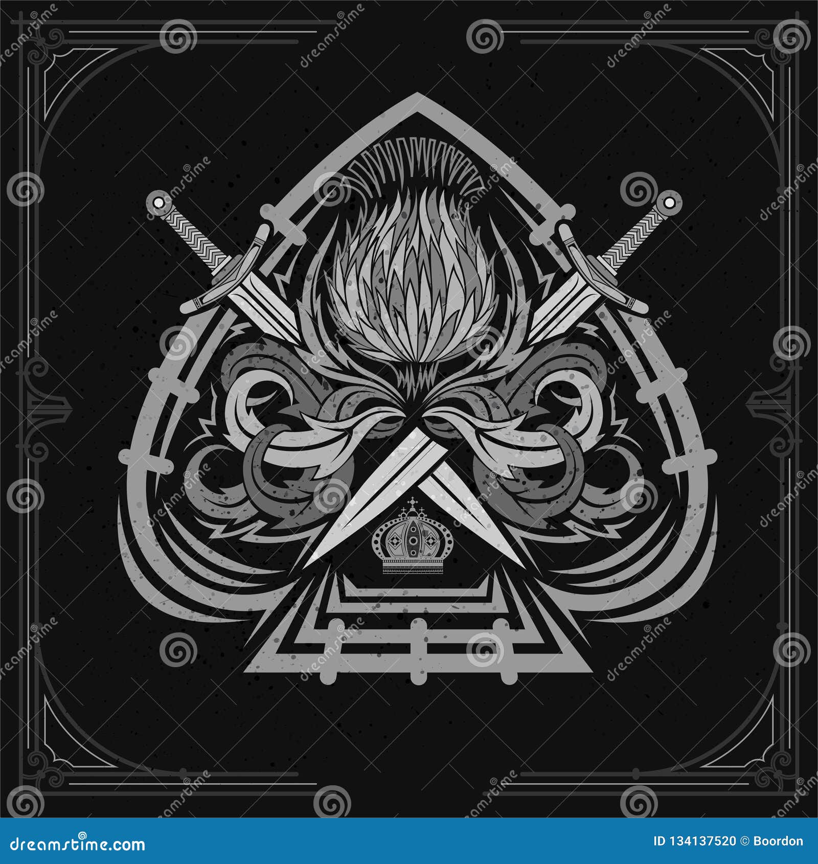 Ace of Spades Form with Thistle Floral Pattern and Crossed Swords ...