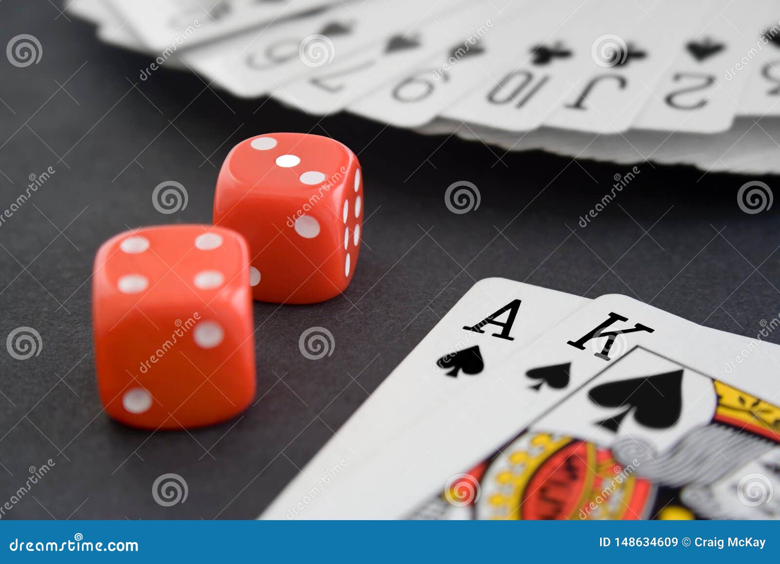 Playing Cards & Dice on Black Surface Stock Image - Image of diamonds ...