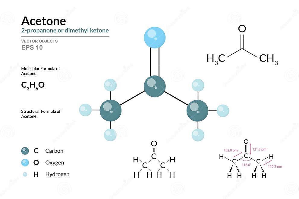 Acetone. Structural Chemical Formula and 3d Model of Molecule. C3H6O ...