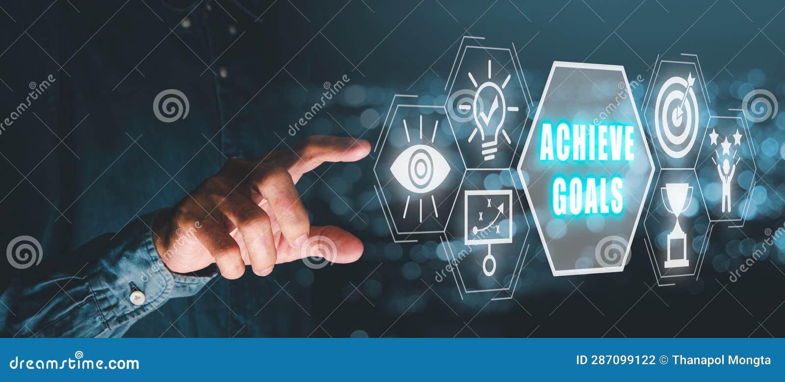 Person Hand Touching Achieve Goals Icon on Virtual Screen Stock Photo ...