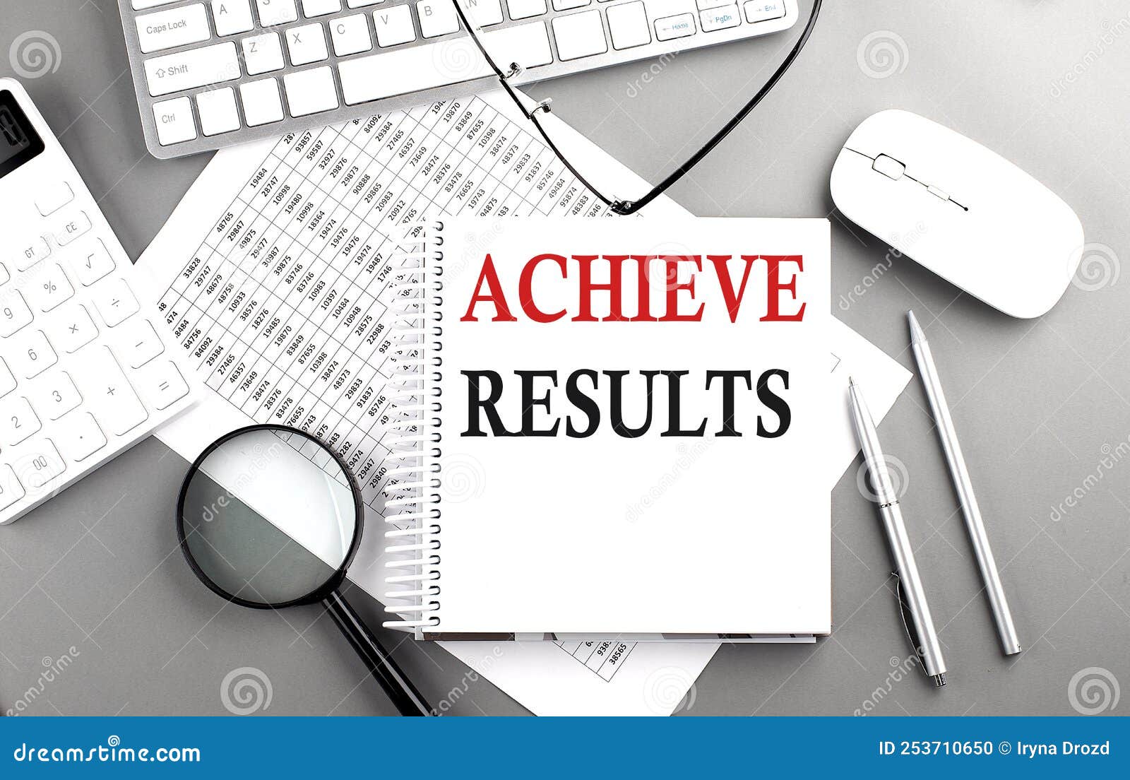 ACHIEVE RESULTS Text on Notepad on Chart with Keyboard and Calculator ...