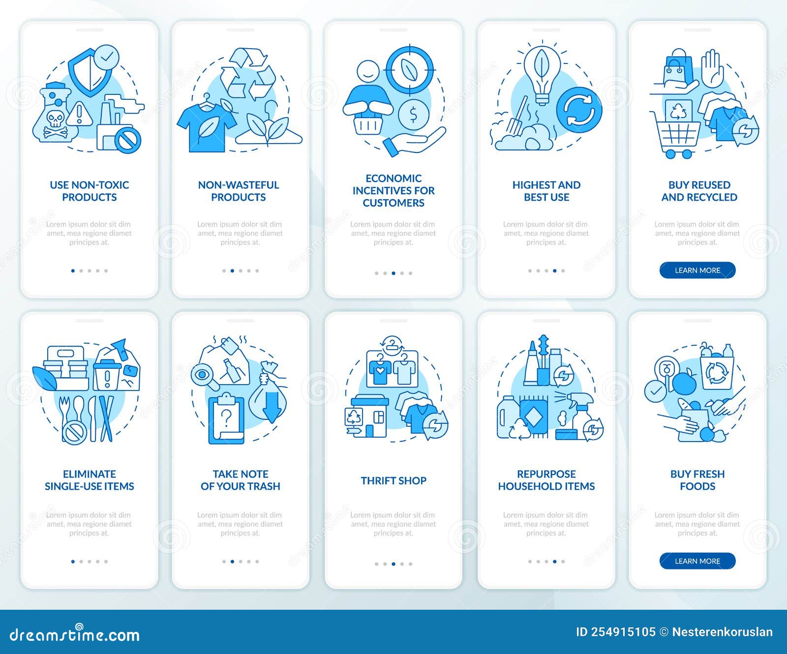 Achieve Zero Waste Goals Blue Onboarding Mobile App Screen Set Stock Vector - Illustration of ...
