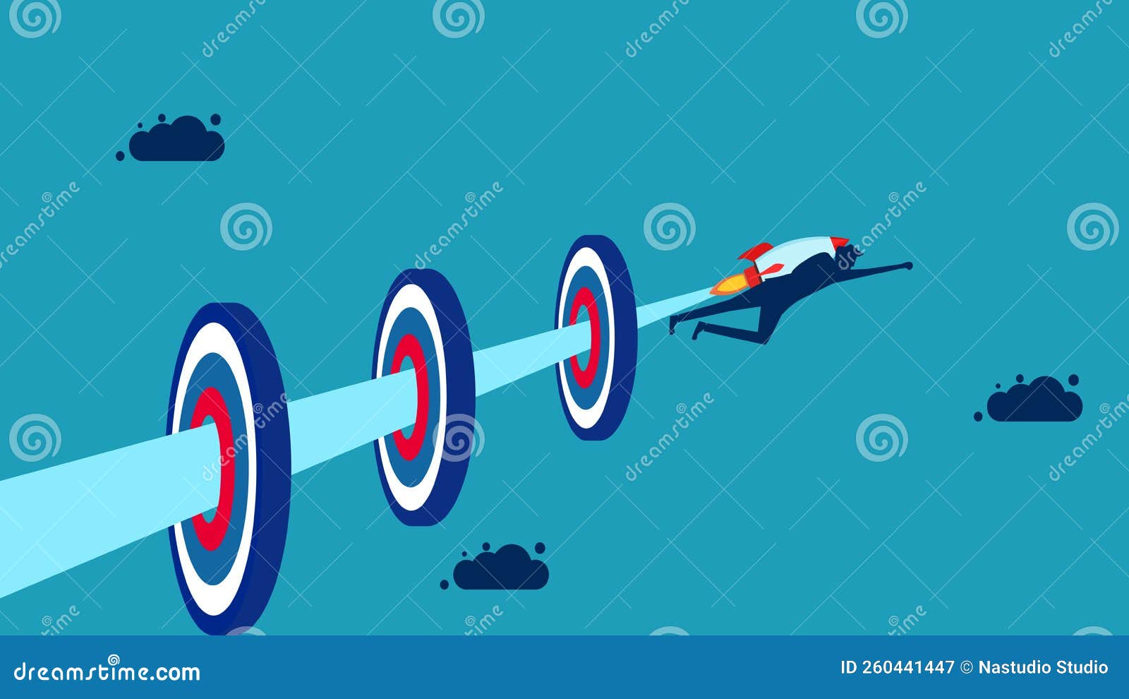 Achieved Many Goals. Businessman Flying with Rocket Hitting Target ...