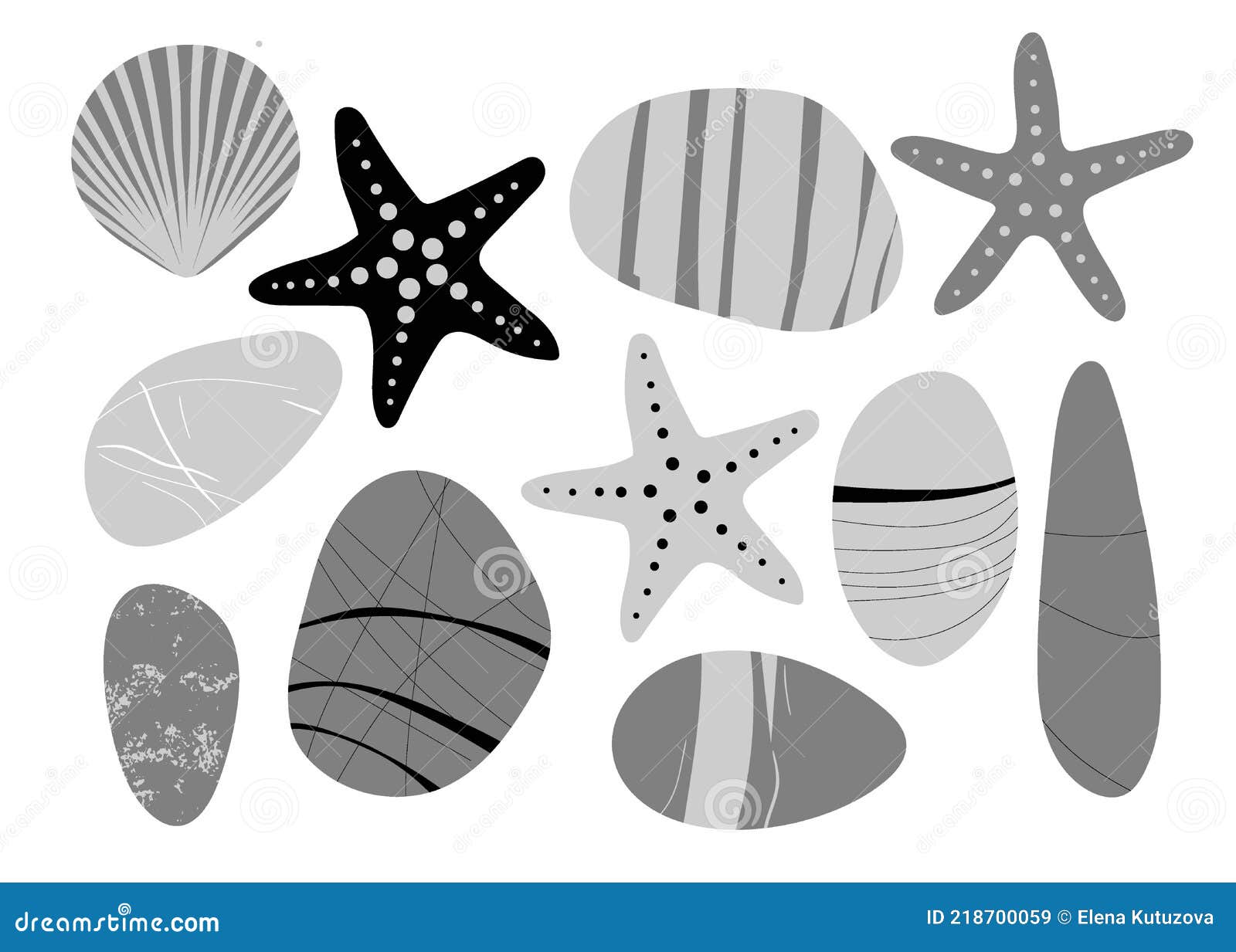 Achromatic Beach Pebbles, Starfish, Shell Set. Various Grey Shapes ...