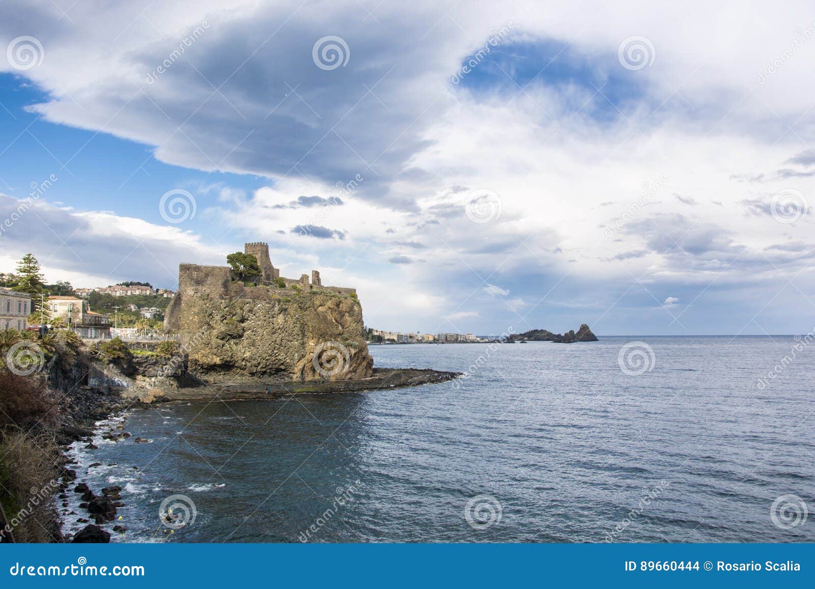 Aci Castello Castle with Acitrezza Background Stock Photo - Image of ...