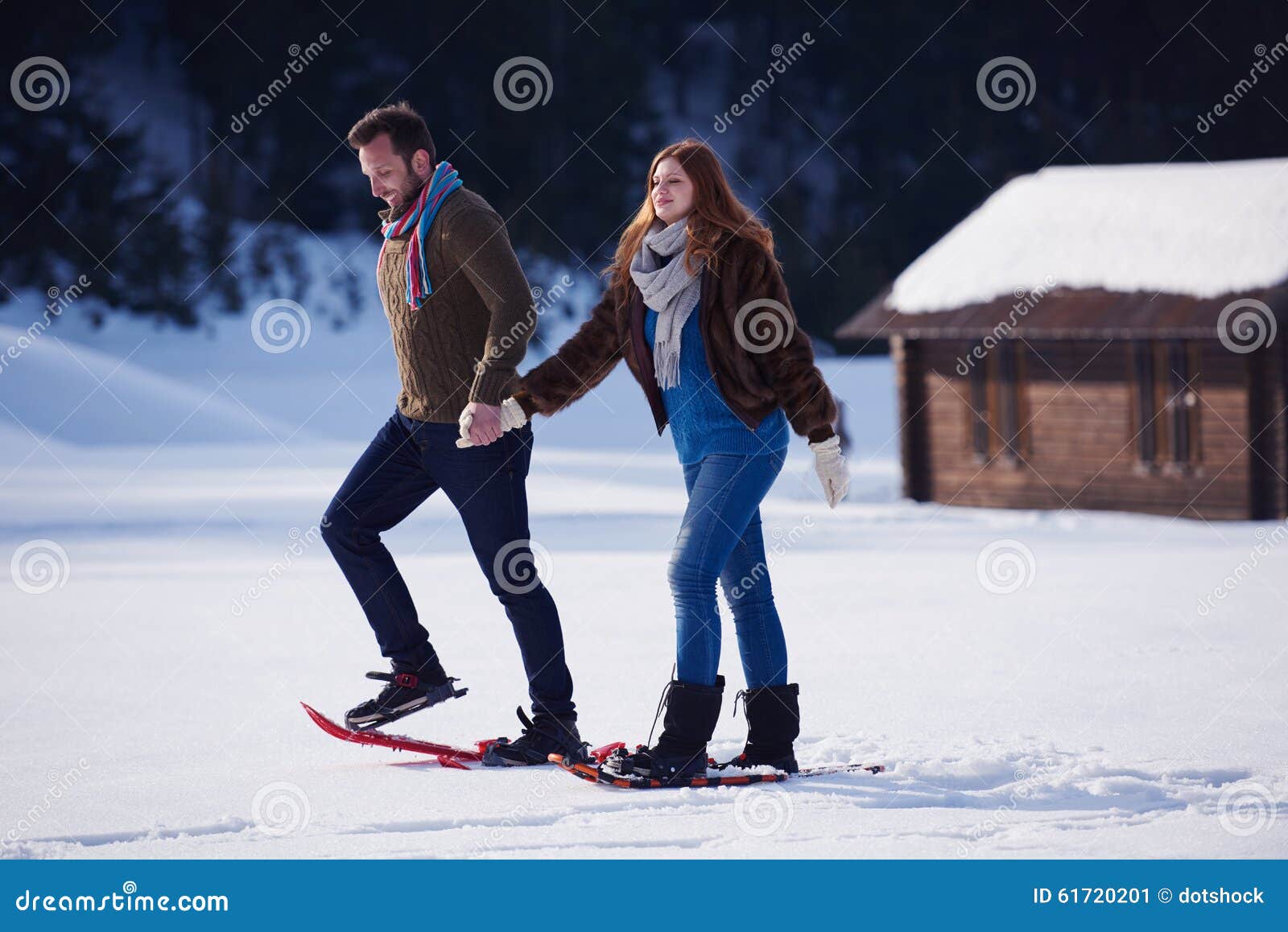 Acople Ter O Divertimento E Andar Em Sapatas Da Neve Imagem de Stock ...