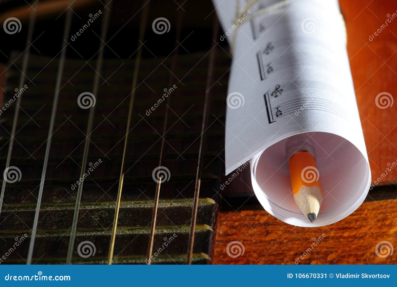 Acoustic Guitar, Blank Music Notes, Pencil. Stock Image - Image of book ...